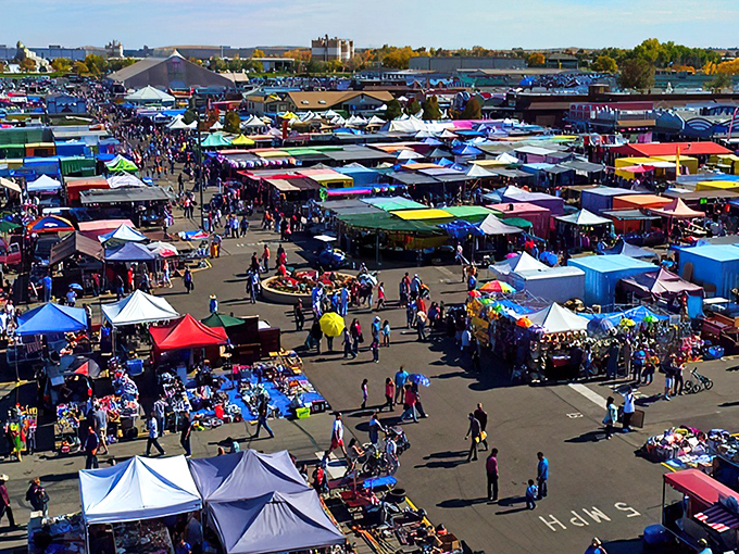 A kaleidoscope of tents, treasures, and bargain hunters sprawls across the Mile High Flea Market. From above, it's a vibrant patchwork of colors, crowds, and countless possibilities for the perfect find.
