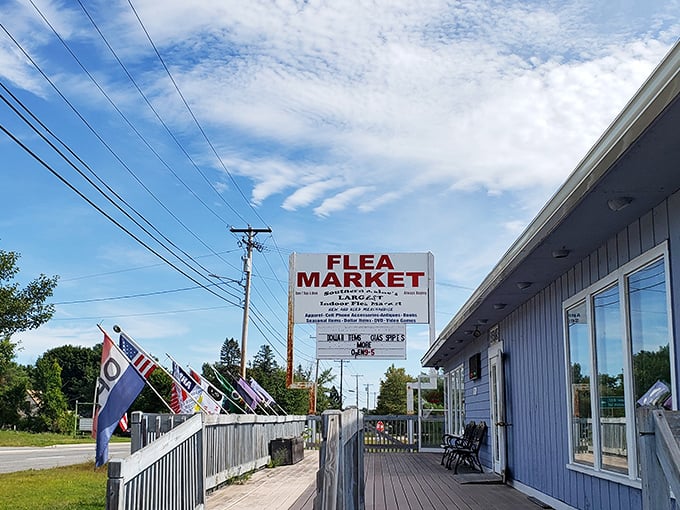 Welcome to the treasure hunter's paradise! This unassuming blue building holds more stories than your grandma's attic &ndash; and probably a few of her lost earrings too.