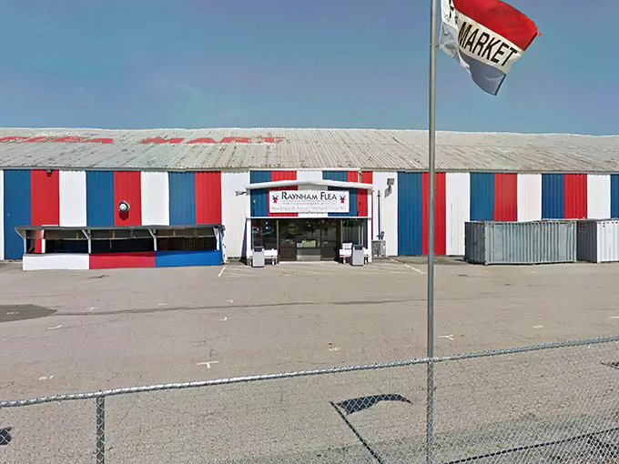 Step right up to bargain heaven! The Raynham Flea Market's patriotic facade promises a star-spangled shopping spree that'll make your wallet salute with joy.