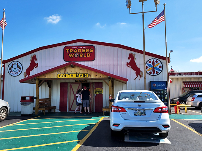 Welcome to Traders World, where bargain hunting meets Wonderland! This whimsical entrance promises a day of treasure-seeking adventures.
