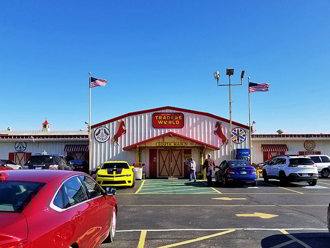 Welcome to Traders World, where bargain hunting meets Wonderland! This whimsical entrance promises a day of treasure-seeking adventures.