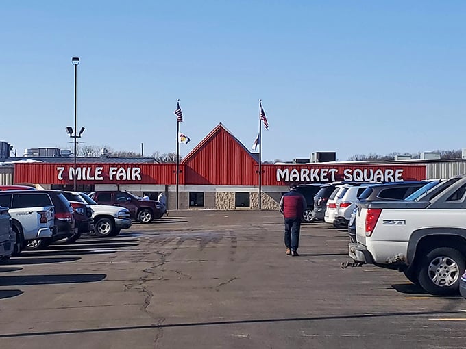 Welcome to bargain hunter's paradise! 7 Mile Fair's iconic red barn facade promises a treasure trove of deals and unexpected finds. It's like Black Friday, minus the pepper spray.