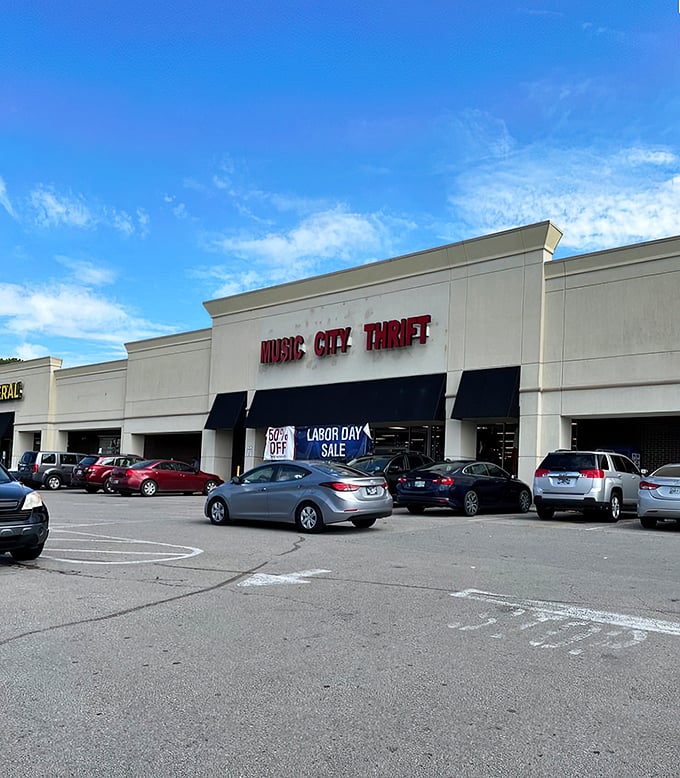 "Welcome to the Promised Land of Preloved Treasures!" Music City Thrift's exterior beckons like a siren song to bargain hunters and nostalgia seekers alike.