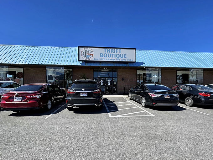 Blue skies and bargains await! This unassuming storefront hides a treasure trove of thrifty delights, like a secret cave of wonders for the budget-savvy shopper.