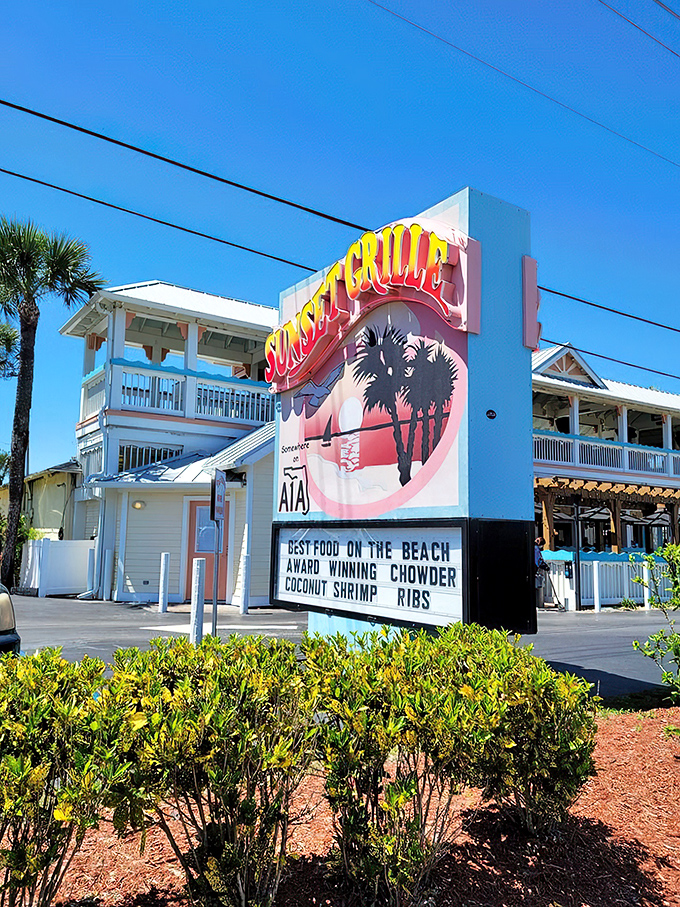 Welcome to seafood paradise! Sunset Grille's vibrant exterior promises a feast for both eyes and taste buds. It's like a beach party invitation you can't refuse.