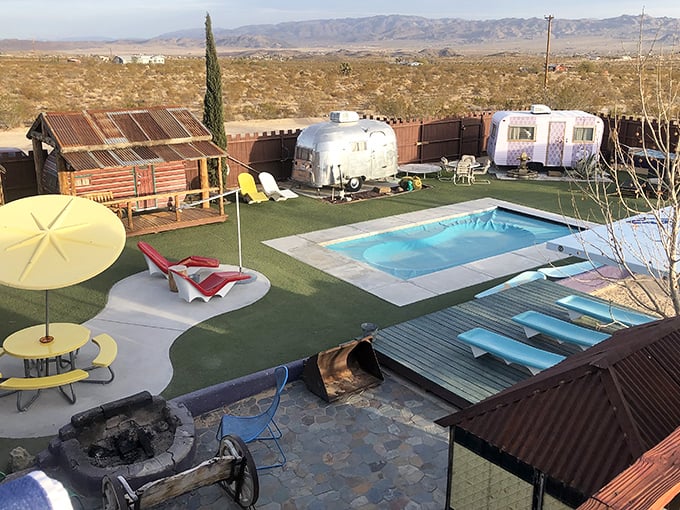 Welcome to wonderland! Hicksville Trailer Palace greets you with a Joshua tree silhouette, promising desert adventures and retro charm.