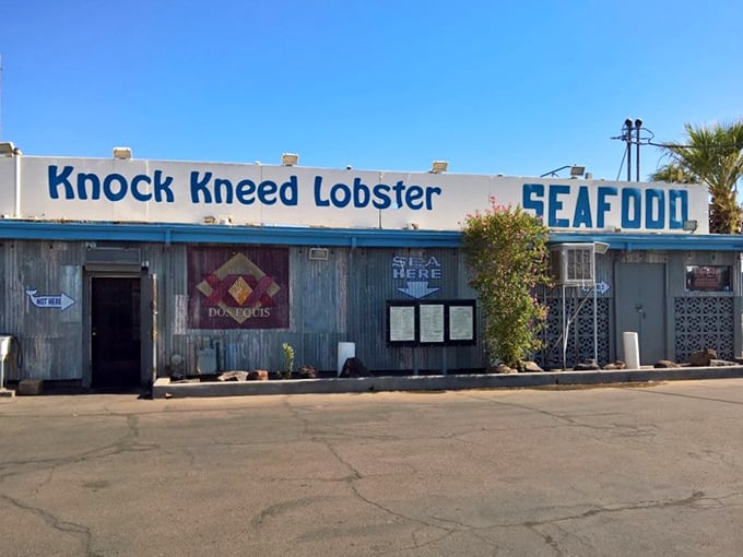 Welcome to Knock Kneed Lobster, where the desert meets the sea! This unassuming exterior hides a treasure trove of oceanic delights.