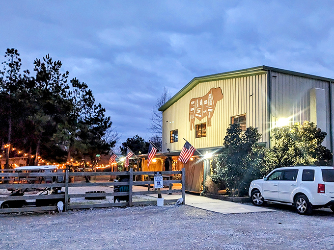 Next Exit: Flavor Town!" This unassuming exterior hides a carnivore's paradise. Who knew steak heaven was just off the highway?