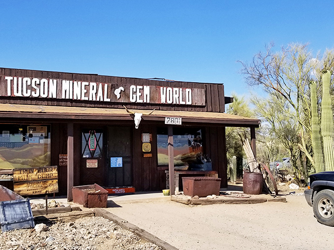 Welcome to Jurassic Park&hellip; I mean, Tucson Mineral & Gem World! This rusty T-Rex might not bite, but the shop's treasures inside certainly have bite.