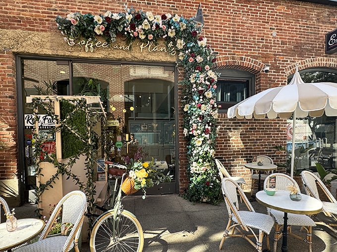 A floral fantasy come to life! This entrance is like Mother Nature's red carpet, inviting you to step into a world where coffee and chlorophyll collide in the most delightful way.