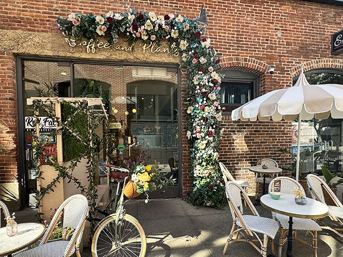 A floral fantasy come to life! This entrance is like Mother Nature's red carpet, inviting you to step into a world where coffee and chlorophyll collide in the most delightful way.