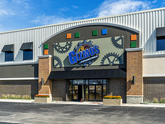 Welcome to Gizmo's Fun Factory, where imagination meets industrial chic! This facade is like a Willy Wonka fever dream crossed with a steampunk convention.