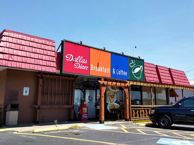 A rainbow of flavor awaits! This diner's vibrant exterior is like a beacon for breakfast lovers, promising a feast for both eyes and taste buds.