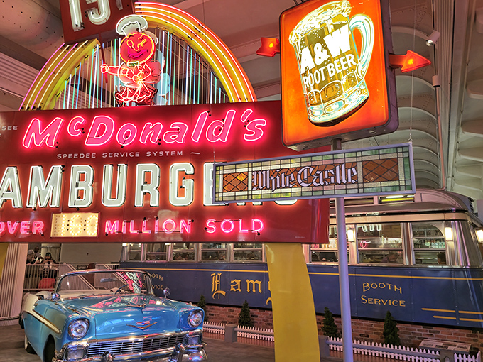 Neon nostalgia overload! Step into a time machine where burgers were a nickel and root beer floated on clouds of fizzy dreams.