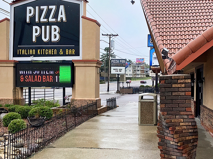 Pizza Pub: Where dreams and calories collide! This neon-lit beacon of cheesy goodness stands ready to welcome hungry souls into its warm, Italian-inspired embrace.