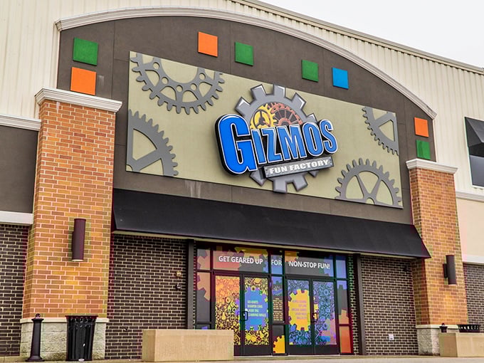 Welcome to Gizmo's Fun Factory, where imagination meets industrial chic! This facade is like a Willy Wonka fever dream crossed with a steampunk convention.