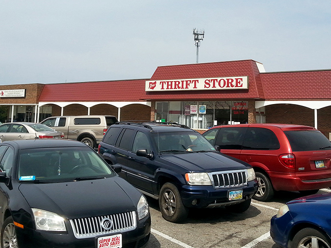 A bargain hunter's paradise awaits! This red-brick behemoth is like a siren call to thrifty shoppers everywhere.