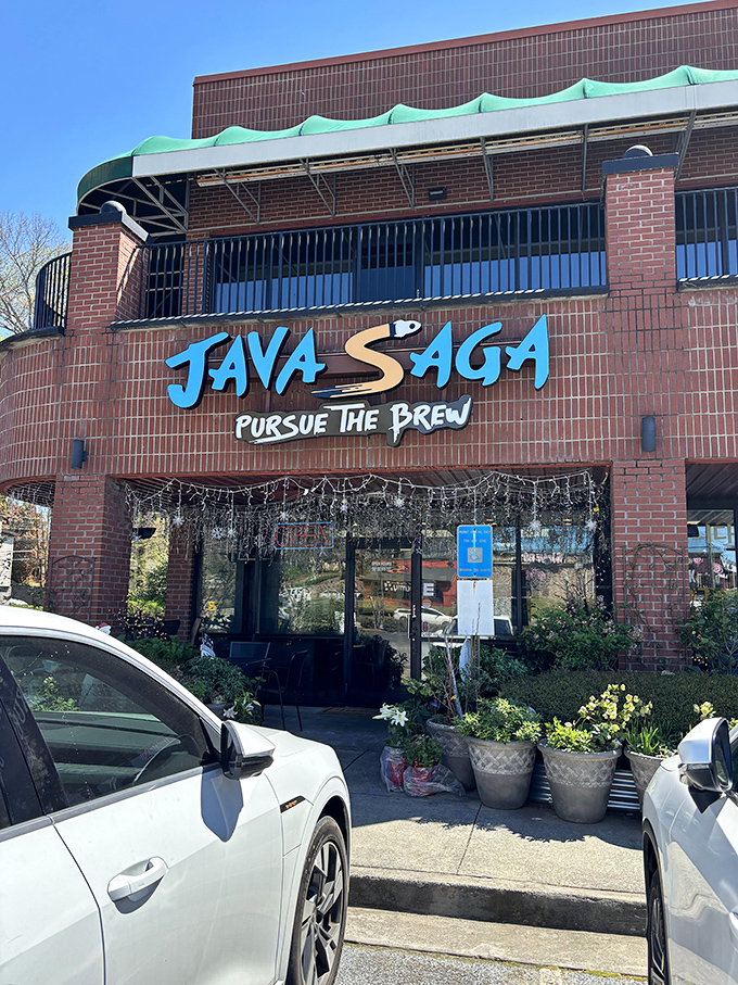 Java Saga: Where coffee dreams and fried chicken fantasies collide! This brick-faced beauty is like the Willy Wonka factory of caffeine and comfort food.