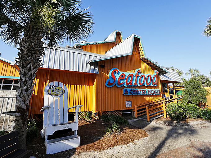 Sunshine yellow and Gulf blue - this seafood shack looks like it was painted with the colors of a perfect beach day!