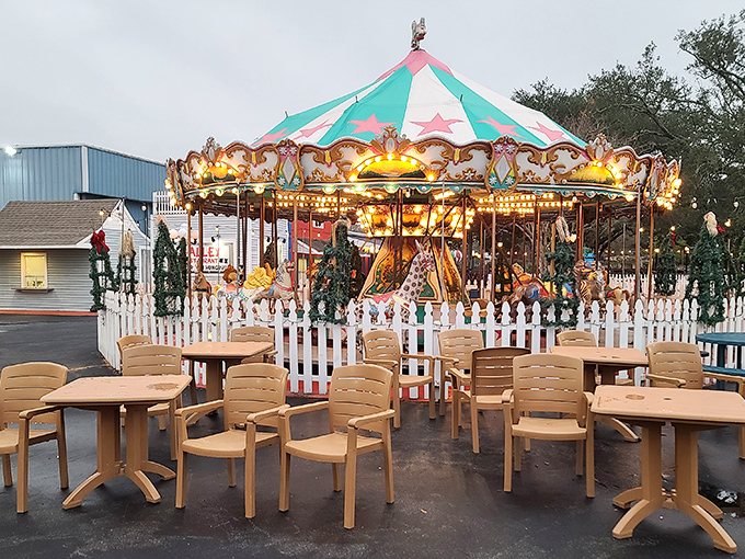 Step right up to nostalgia central! This whimsical carousel, with its cotton candy colors and twinkling lights, promises a spin back to simpler times.