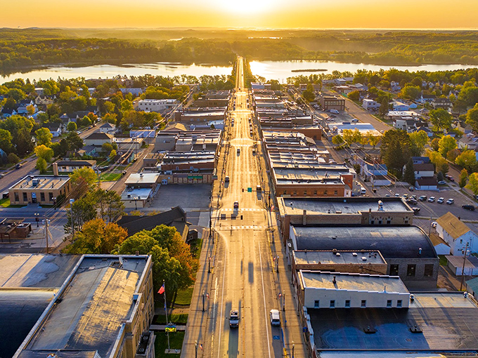 Chisholm: Where Main Street meets Mother Nature. This aerial view showcases the town's perfect blend of urban charm and natural beauty, like a Norman Rockwell painting come to life.