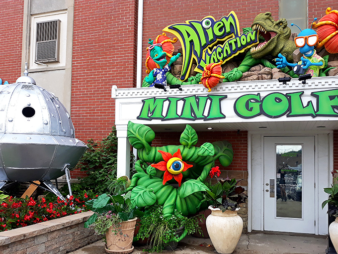 Welcome to the mothership of mini-golf! Alien Vacation's entrance is a psychedelic portal promising otherworldly adventures and out-of-this-world fun.