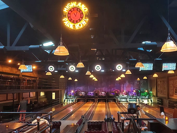 Step right up to the time machine! Highland Park Bowl's neon sign promises a night of vintage thrills and spills.
