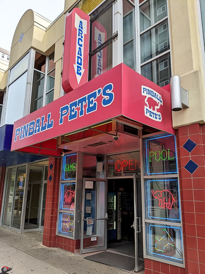 Step right up to the neon-lit wonderland! Pinball Pete's facade is like a siren song for your inner child, promising endless bleeps and bloops.