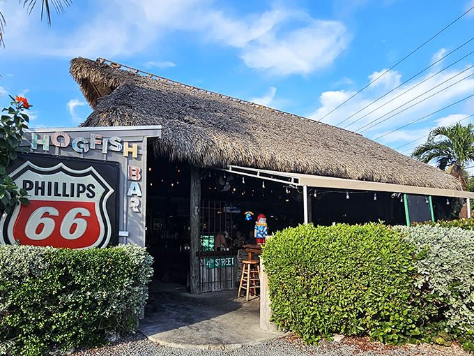 Thatched-roof paradise alert! This rustic gem beckons with the promise of seafood treasures and tropical vibes.