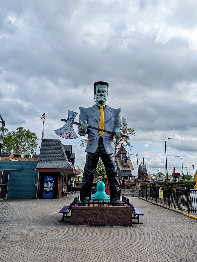"Welcome to the land of perpetual Halloween! Frankenstein's monster greets visitors with an axe and a suit – talk about dressed to kill."