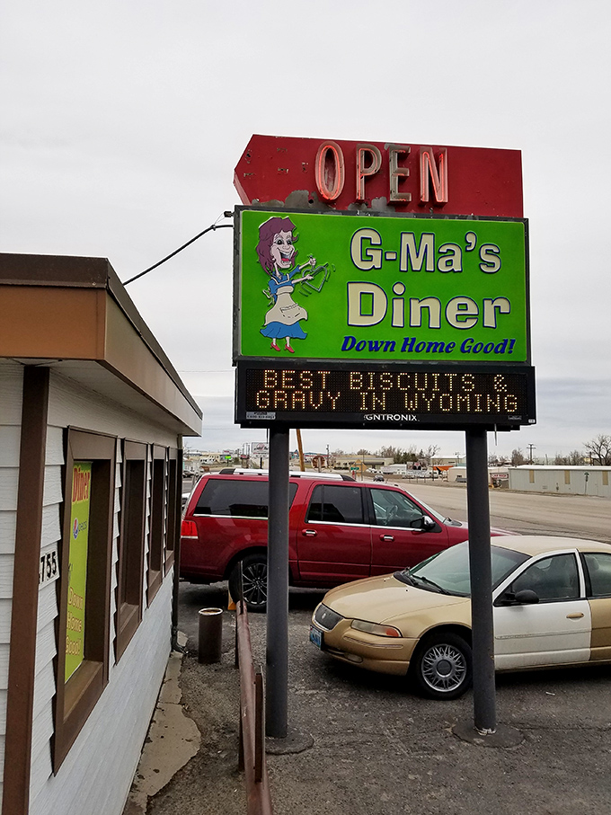 Welcome to flavor town! G-Ma's Diner stands proud, its cheery sign promising home-cooked goodness that'll make your taste buds do a happy dance.