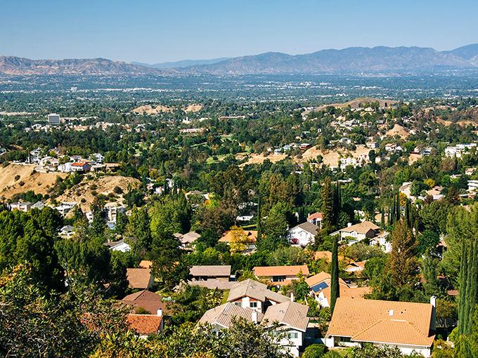 Topanga: Where the mountains meet the sky and hippie vibes never die. This aerial view showcases the town's stunning natural beauty and eclectic charm.