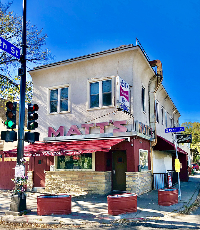 A beacon of burger bliss! Matt's Bar stands proud on Cedar Avenue, its red awning a siren call to cheese lovers everywhere.