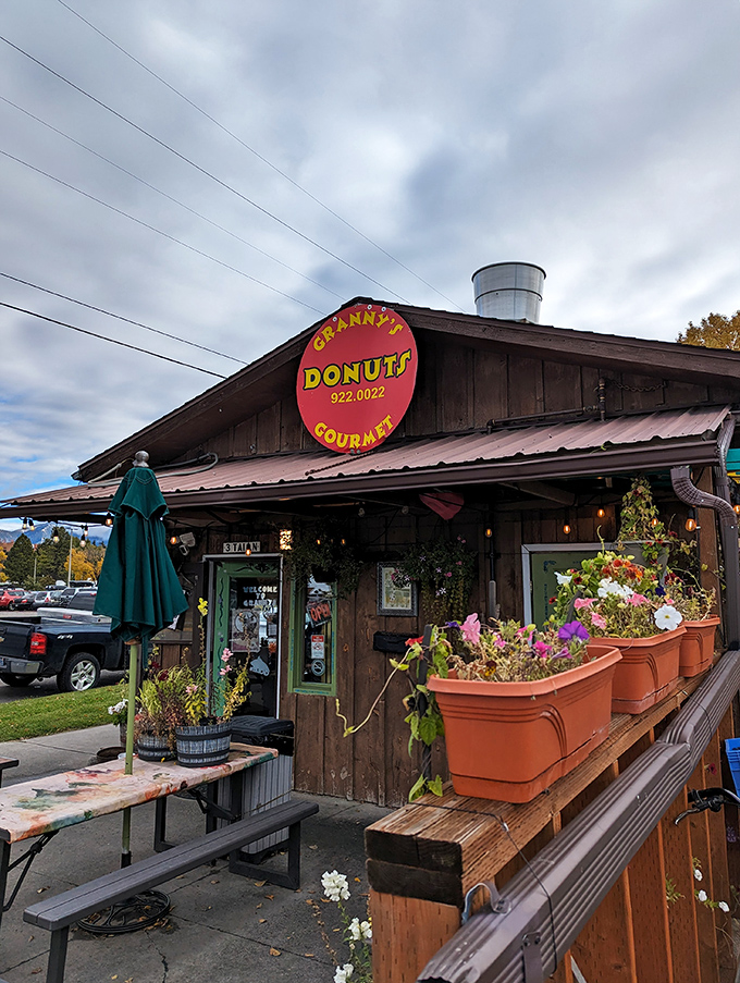 Welcome to donut paradise! Granny's rustic cabin exterior promises sweet treasures within, like a Hansel and Gretel house for grown-ups.