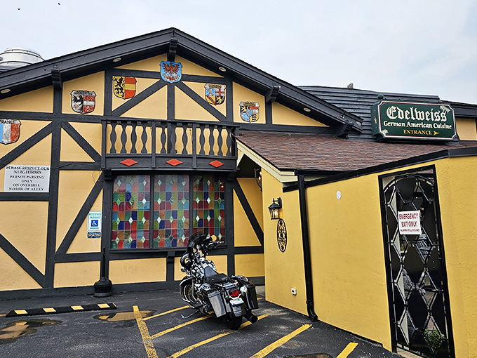 A Bavarian fairytale in the heart of Illinois! This charming facade promises schnitzel-fueled adventures and pretzel-twisted good times.