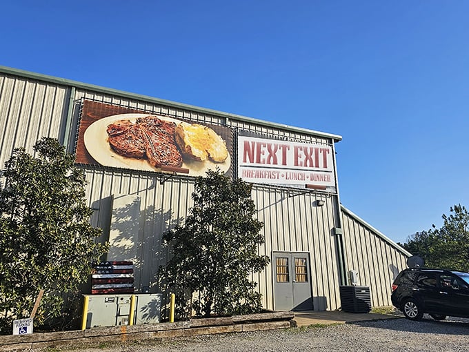 Next Exit: Flavor Town!" This unassuming exterior hides a carnivore's paradise. Who knew steak heaven was just off the highway?