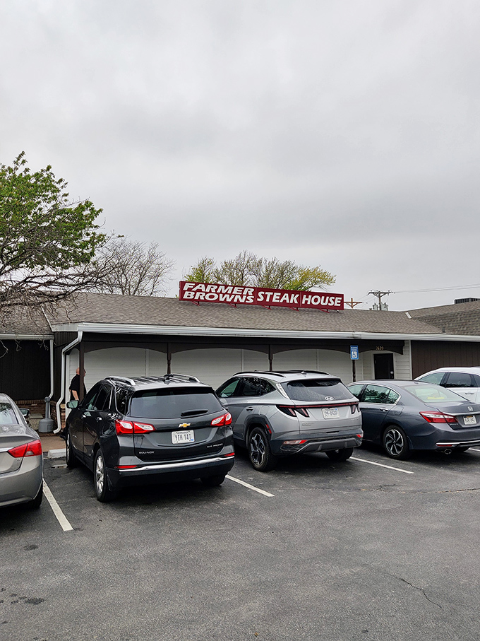Welcome to beef paradise! Farmer Brown's Steak House stands proud against the Nebraska sky, promising a carnivore's dream come true.