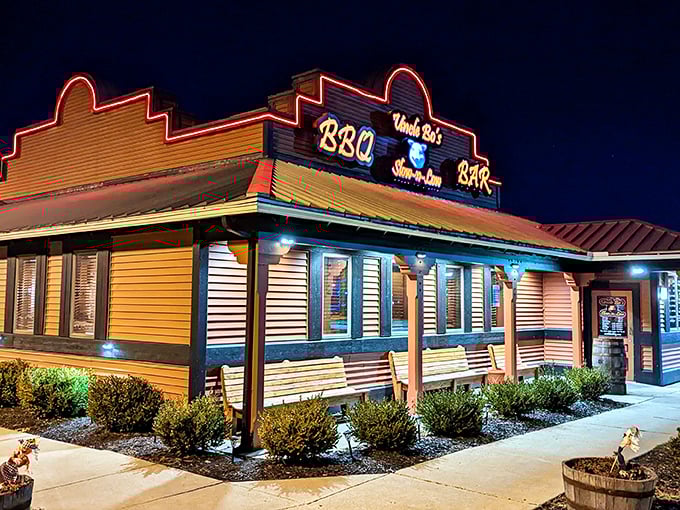 Neon dreams and BBQ schemes! Uncle Bo's glows like a beacon of hope for hungry souls in the night.