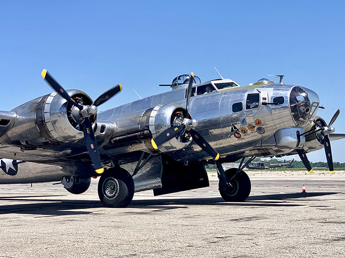 Shiny and chrome! This B-17 Flying Fortress isn't just a plane, it's a time machine ready to transport you back to the 1940s.