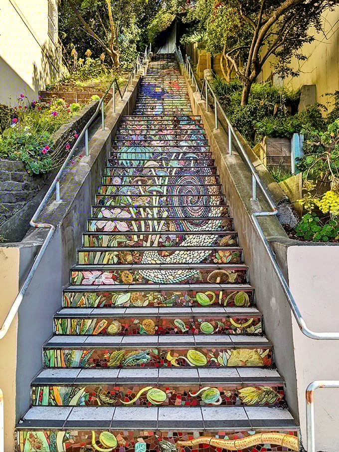 Step into a world of wonder! These mosaic-covered stairs are like a Willy Wonka fever dream, minus the chocolate river but with extra whimsy.