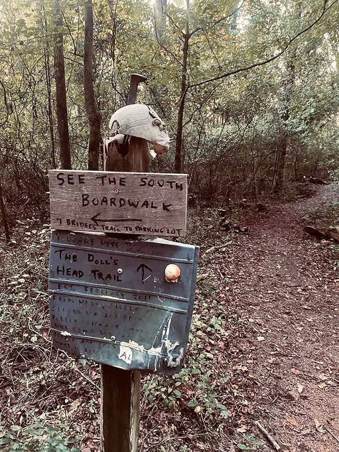 Welcome to the twilight zone of trails! This eerie signpost sets the tone for a hike that's equal parts whimsical and wonderfully weird.