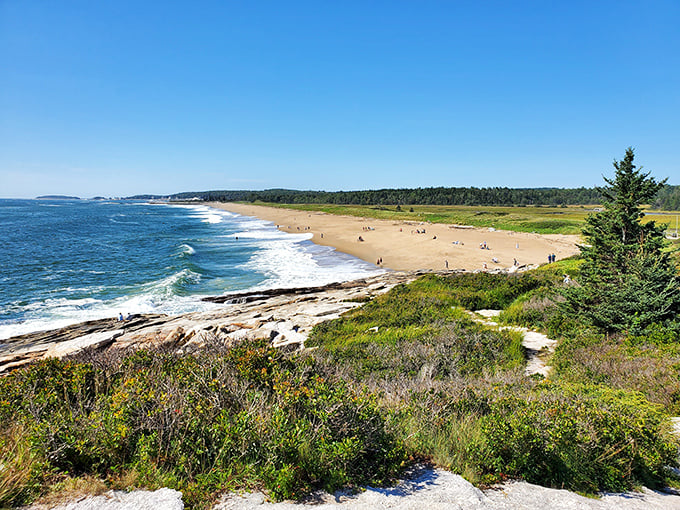 Nature's own IMAX: Reid State Park's Mile Beach stretches out like a golden carpet, inviting you to star in your own coastal blockbuster.