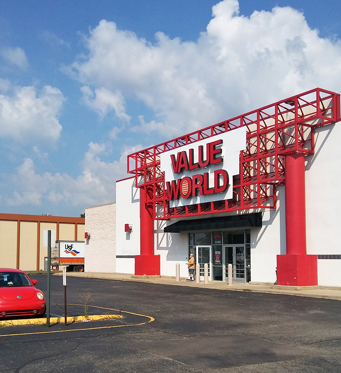 Welcome to Value World, where bargain hunters' dreams come true! This red-and-white facade promises a treasure trove of deals inside.