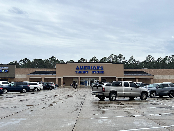 Welcome to the mothership of secondhand treasures! America's Thrift Store beckons bargain hunters with its bold blue sign, promising adventures in every aisle.