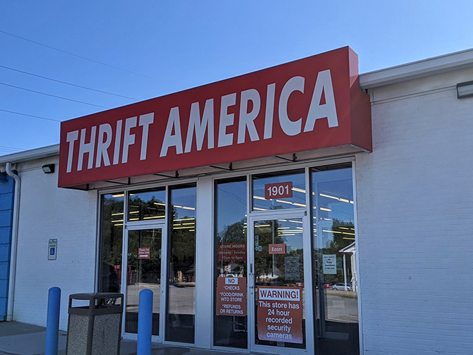 Welcome to Thrift America, where the American Dream comes with a gently-used price tag! This red, white, and blue facade is your gateway to secondhand paradise.