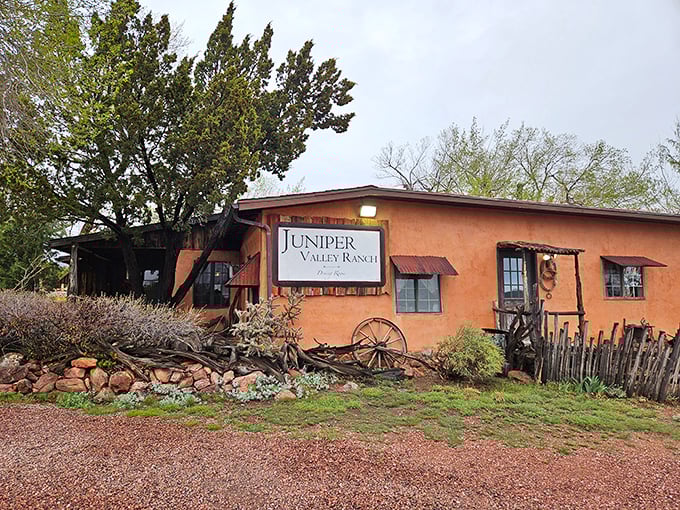 Welcome to chicken paradise! Juniper Valley Ranch's rustic adobe exterior promises a journey back in time and a feast for the senses.