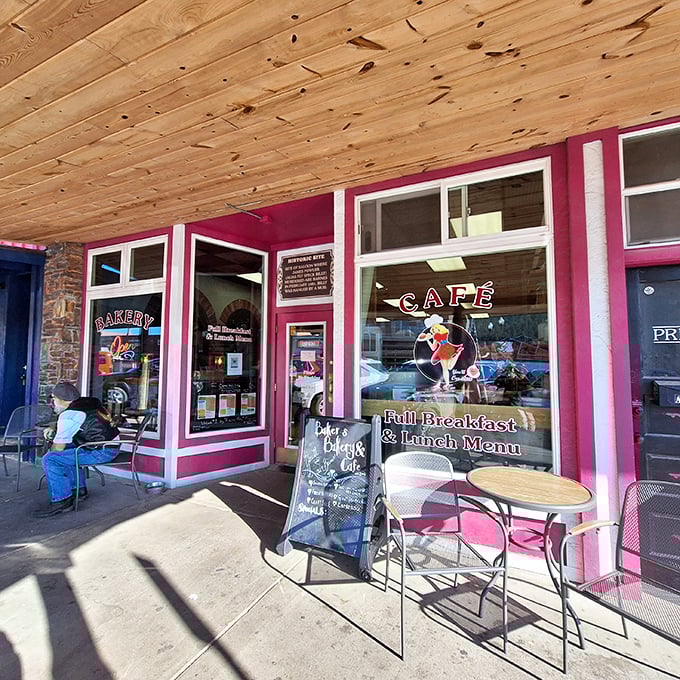A pink paradise for pastry lovers! Baker's Bakery & Cafe stands out like a frosted cupcake on Custer's main street, promising sweet delights and savory treats for hungry travelers.
