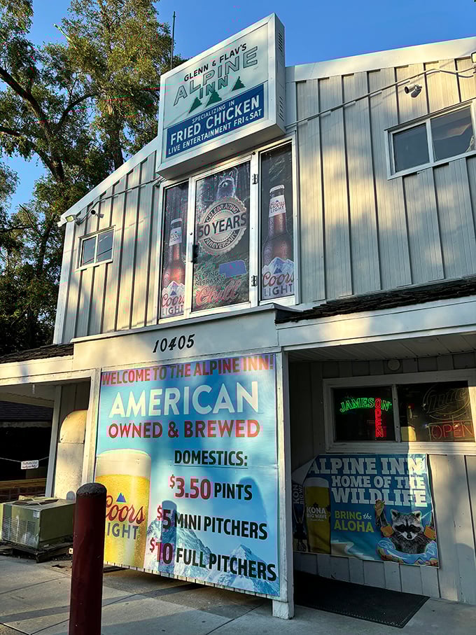 Welcome to the Alpine Inn, where the blue exterior is as inviting as a clear Nebraska sky. This humble abode houses fried chicken dreams!