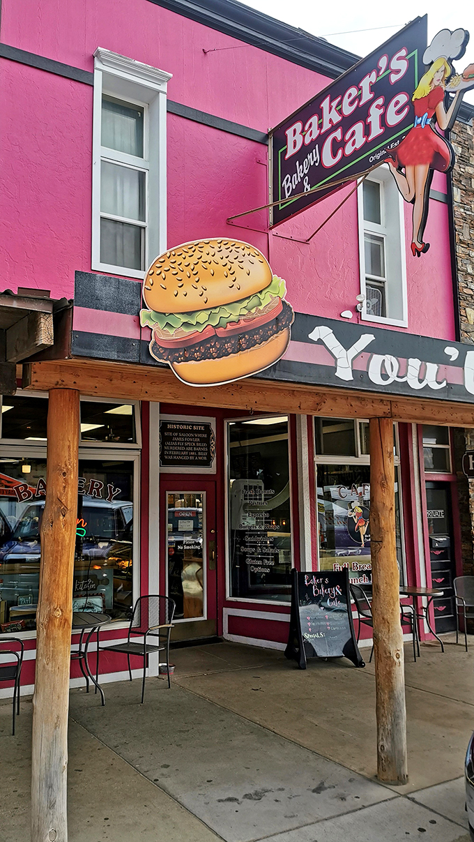 A pink paradise for pastry lovers! Baker's Bakery & Cafe stands out like a frosted cupcake on Custer's main street, promising sweet delights and savory treats for hungry travelers.