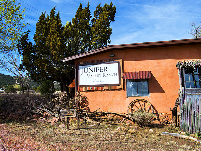 Welcome to chicken paradise! Juniper Valley Ranch's rustic adobe exterior promises a journey back in time and a feast for the senses.